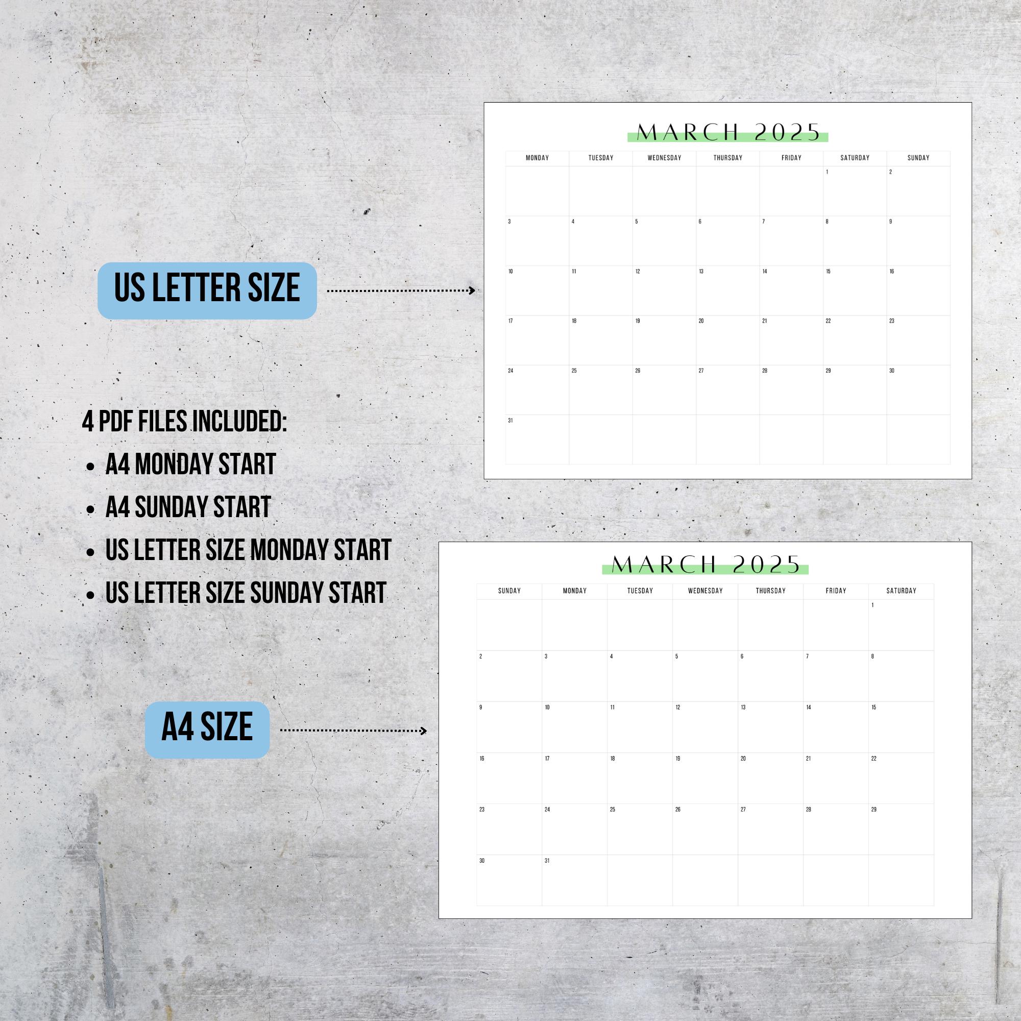 2025 Monthly Calendar | 12 Months | Printable | Monday/sunday Start ...