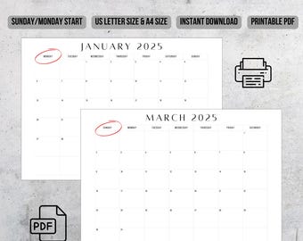 2025 Monthly Calendar | 12 Months | Printable | Monday/sunday Start ...