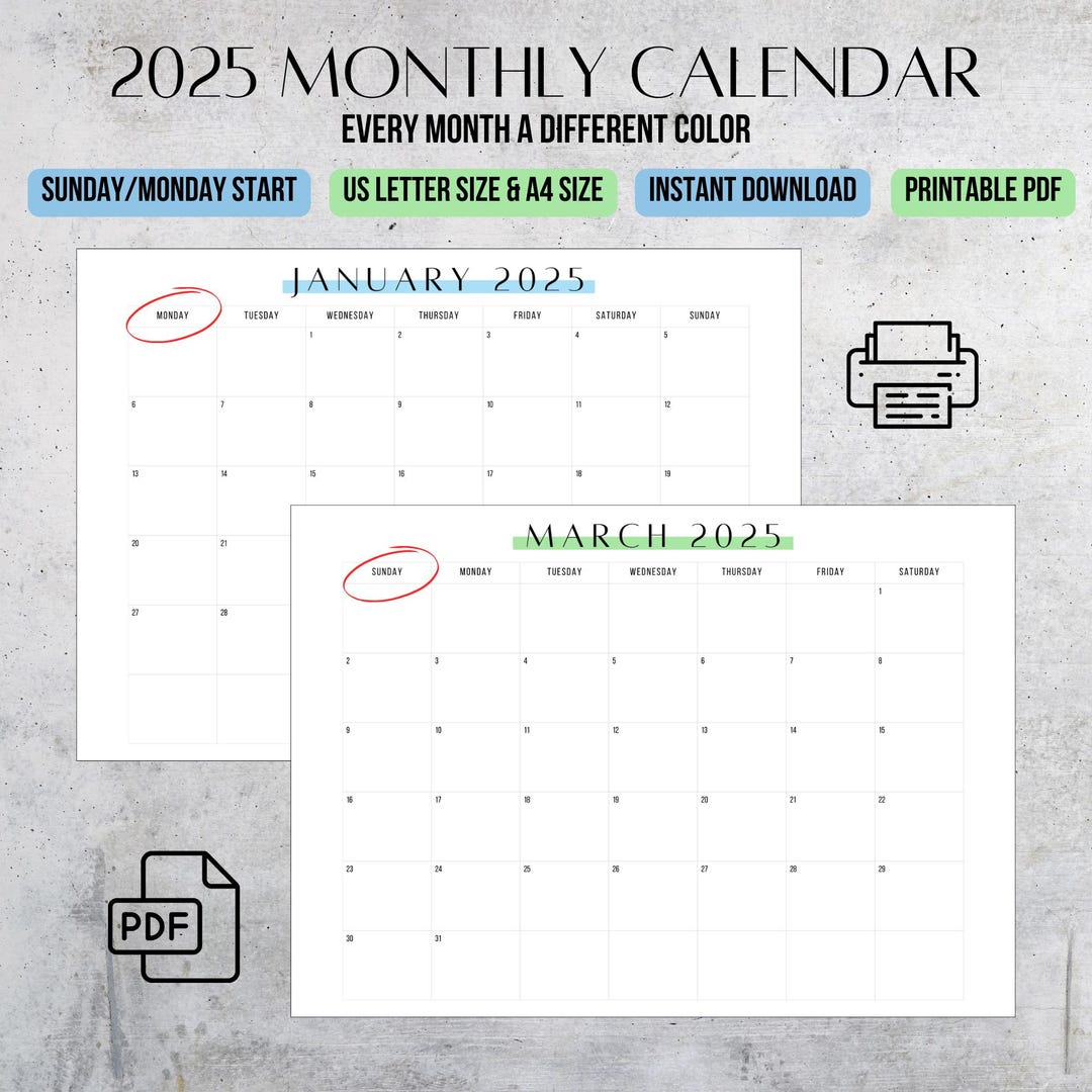2025 Monthly Calendar | 12 Months | Printable | Monday/sunday Start ...