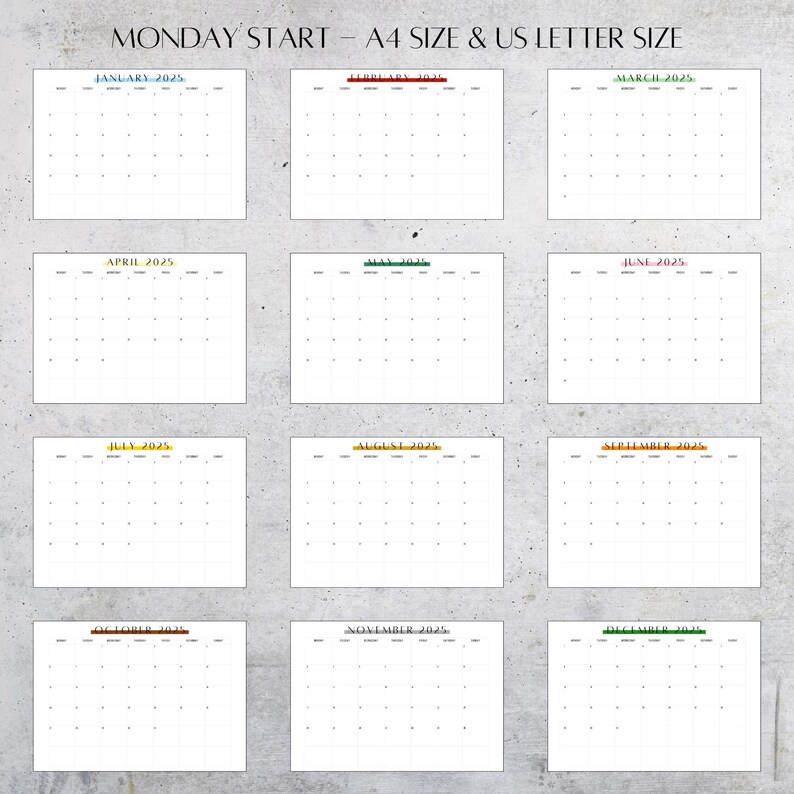 2025 Monthly Calendar | 12 Months | Printable | Monday/sunday Start ...