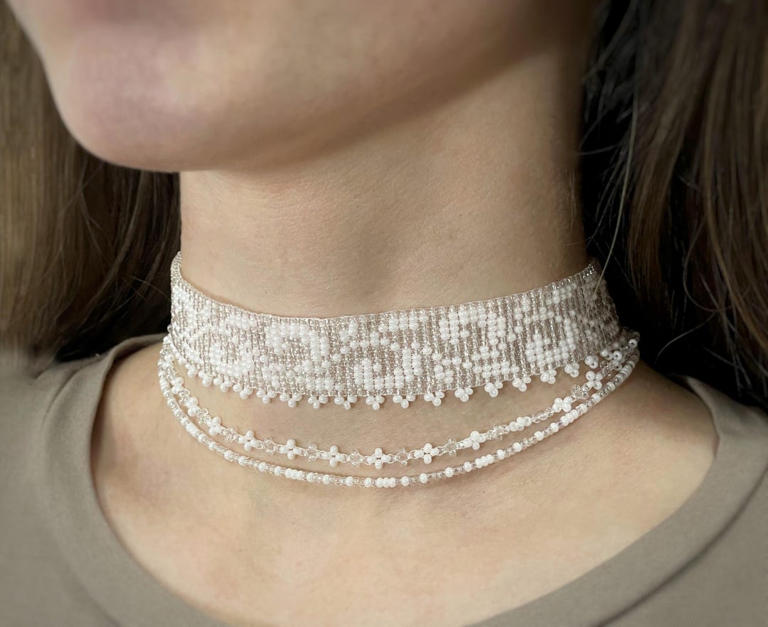 White Beaded Lace Choker Set: Summer Beach Jewelry, Ballet Core - Etsy