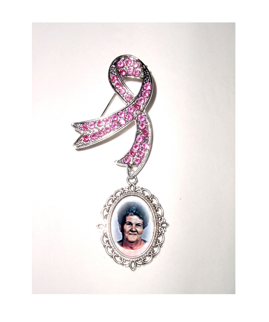 Pink Ribbon Memorial Brooch With Silver Photo Charm Crystals - FREE ...