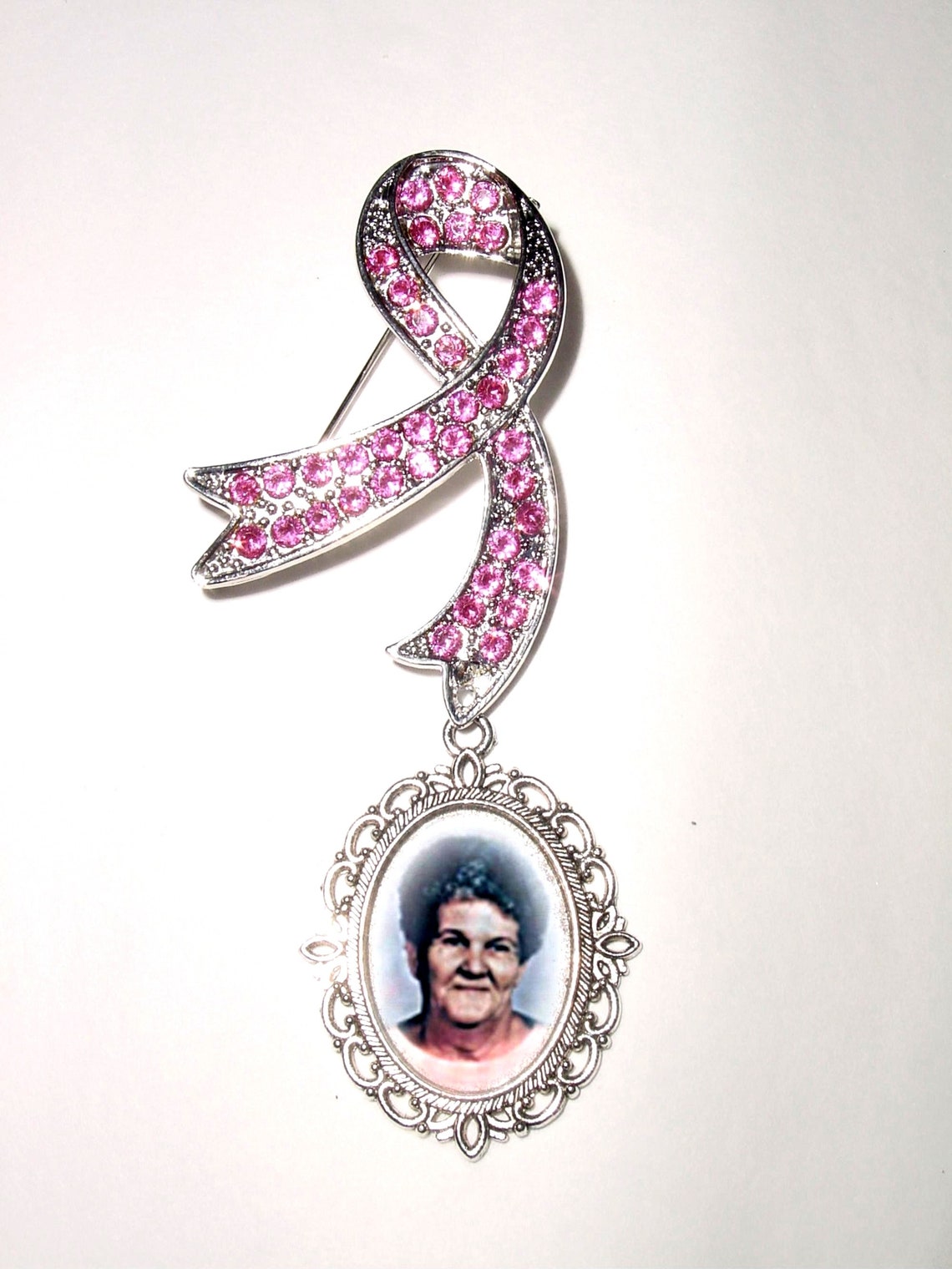 Pink Ribbon Memorial Brooch With Silver Photo Charm Crystals - Etsy