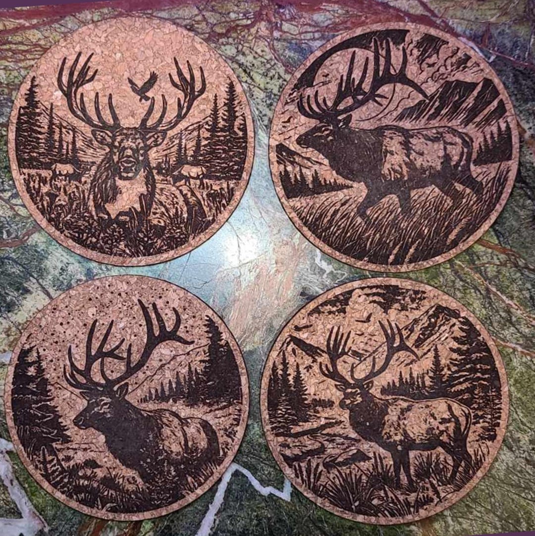 Handmade Cork Coasters Set (set of 4) - Round Engraved Majestic Elk ...