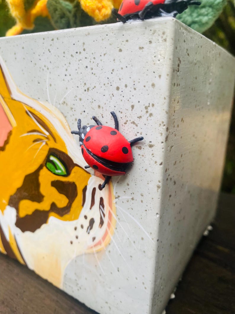 Handmade Kitty Cat & Lady Bugs Concrete Planter Cute Cat Lover Gift ...