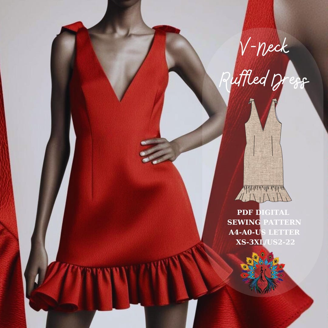 V-neck Ruffled Dress - Party Dress Pattern - DIY Women’s Dress ...