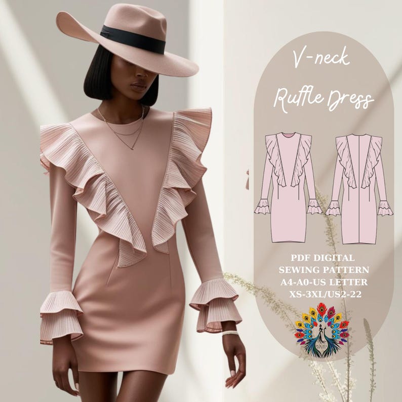 V-neck Ruffle Dress Sewing Pattern | Women's DIY (PDF Digital Download ...