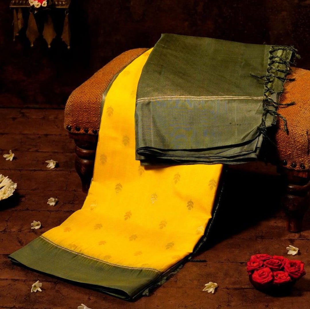 Lemon Yellow and Sage Green Silk Consecrated Saree With Kodi Visiri ...