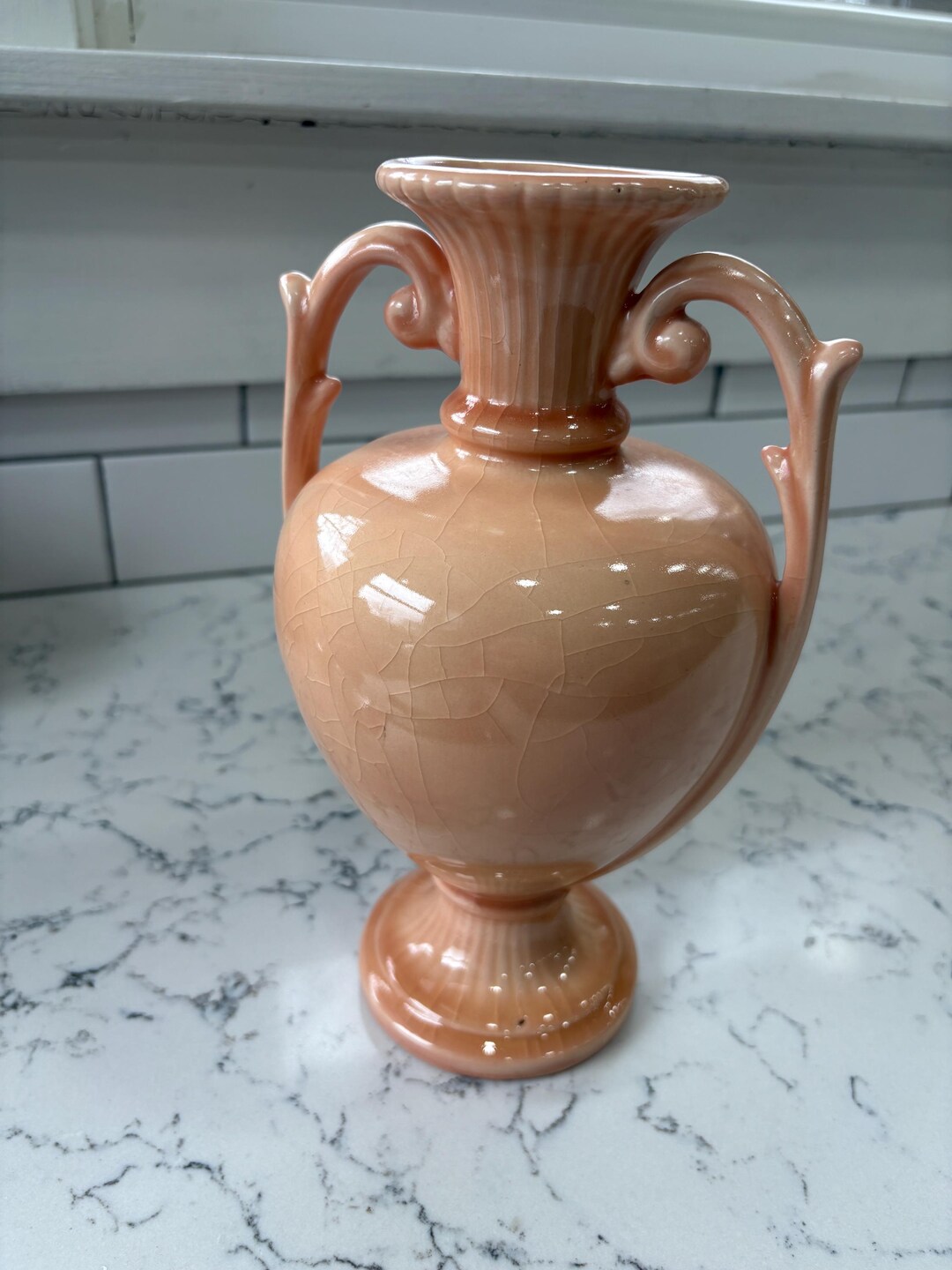 1940s Haeger Weller Pot Vase / Urn With Scroll Handles Pale Peach/pink ...
