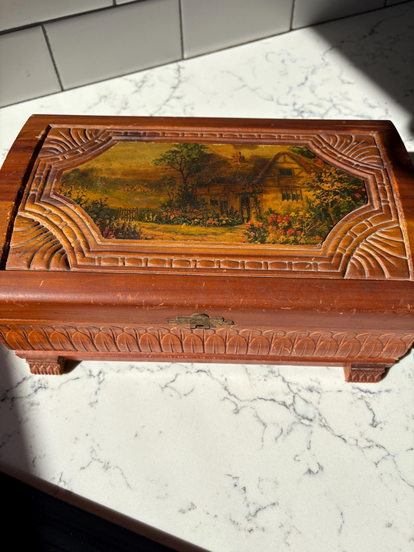 Vintage Carved Cedar Keepsake Box With Thatched Roof Cottage and Garden ...