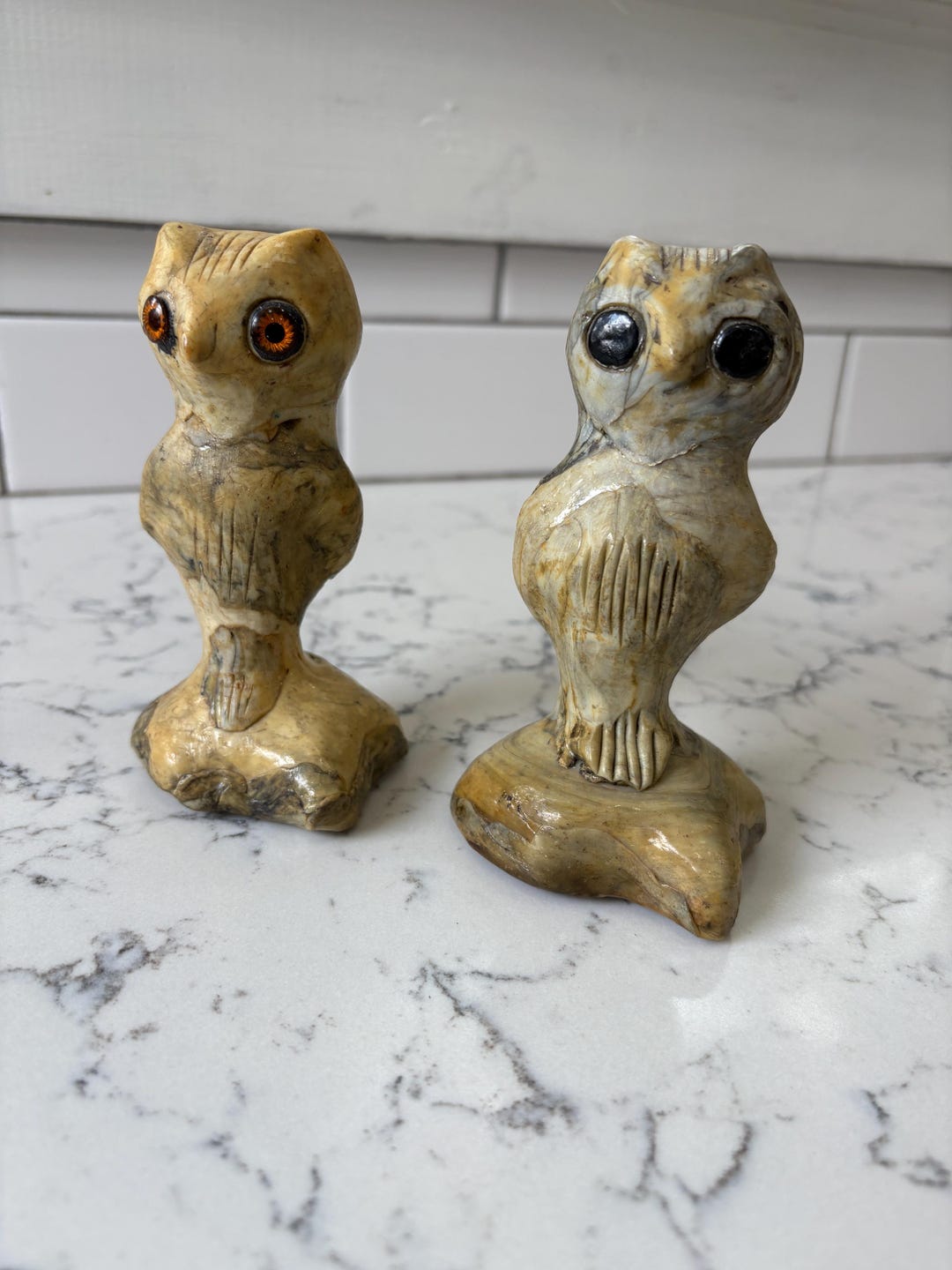 A Pair of Vintage Hand Carved Oyster Shell Owl Figurines. Each is ...