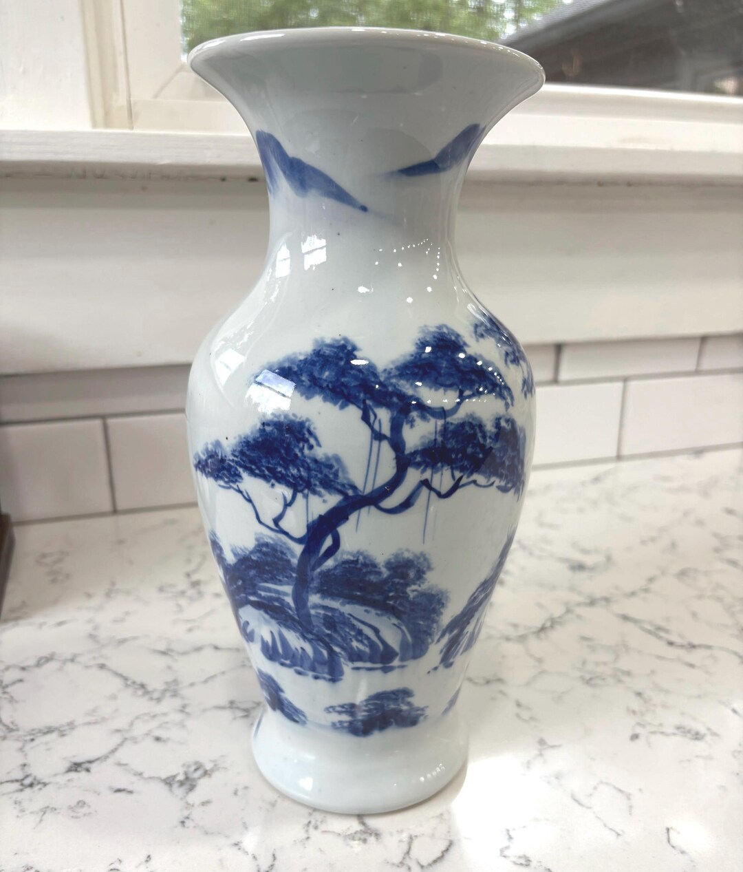 Vintage Cantonware Style Blue and White 10.5in Tall Vase. Marked: Hand ...