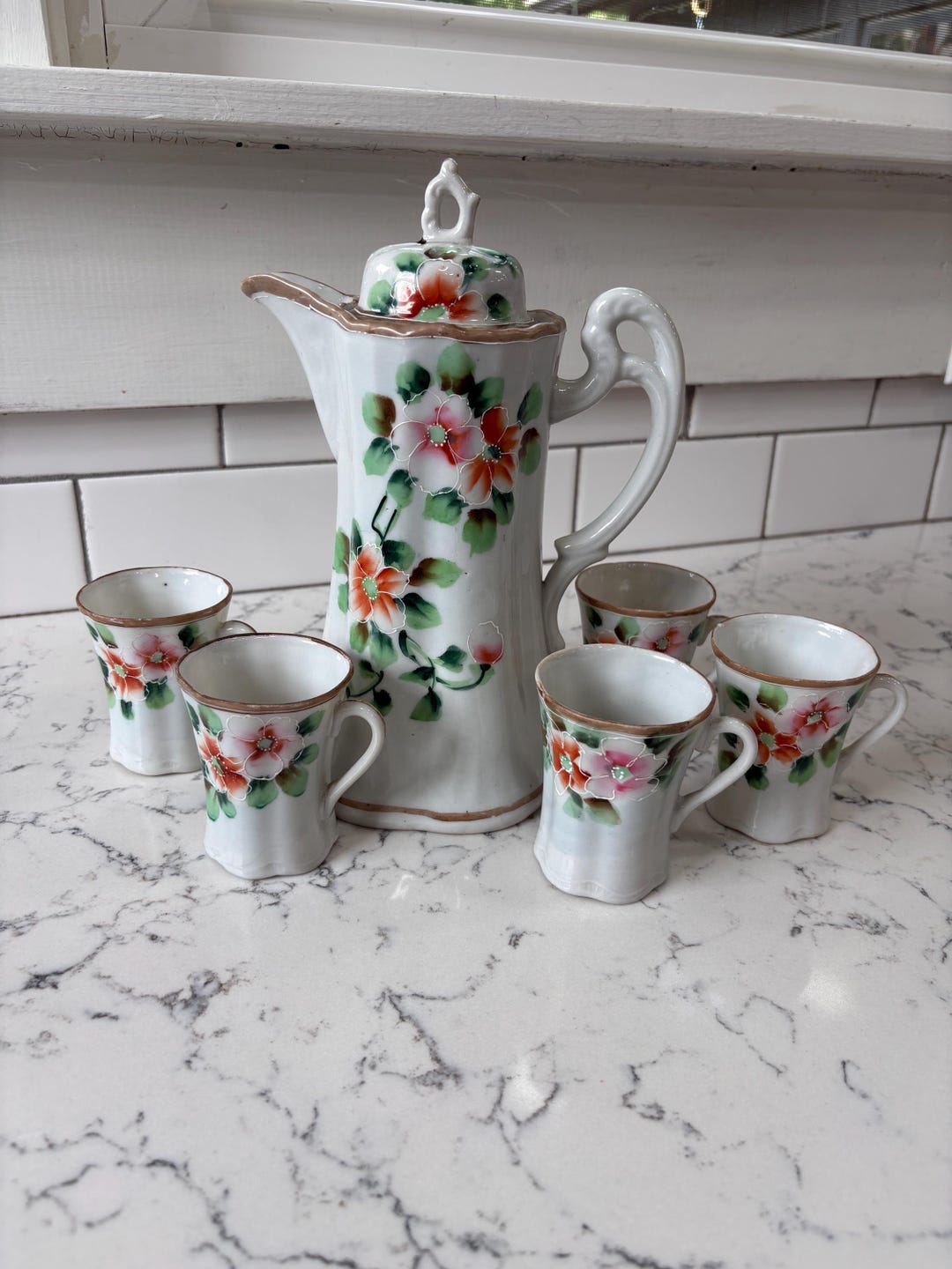 Nippon Hand-painted Tea / Chocolate Set: Pre-war Japan, Floral Design ...