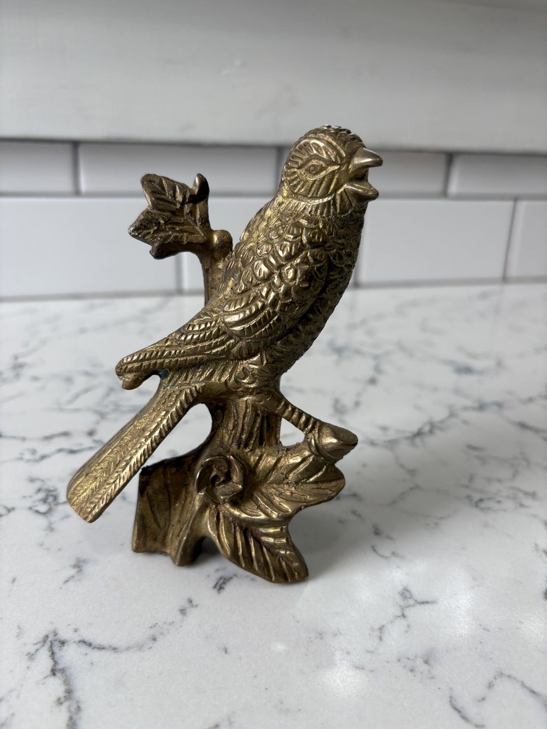 Vintage Solid Brass Bird on Tree Branch. Very Detailed Finch or Sparrow ...
