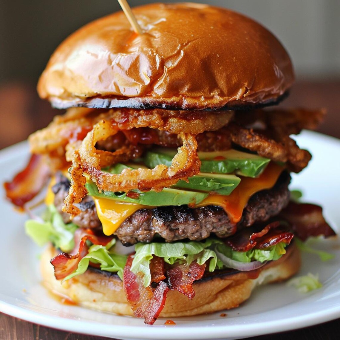 BBQ Bacon Avocado Burger With Fried Onion Strings Recipe Print Out ...