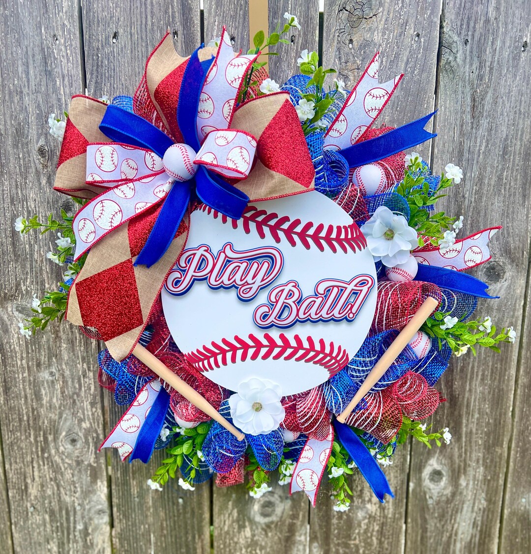 Baseball Wreath - “play Ball!” - Red, White & Blue Front Door Decor - Etsy