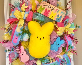 Easter Peeps Wreath - Handmade Happy Easter Door Decor - Peeps Bunny Wreath With Pastel Spring ...