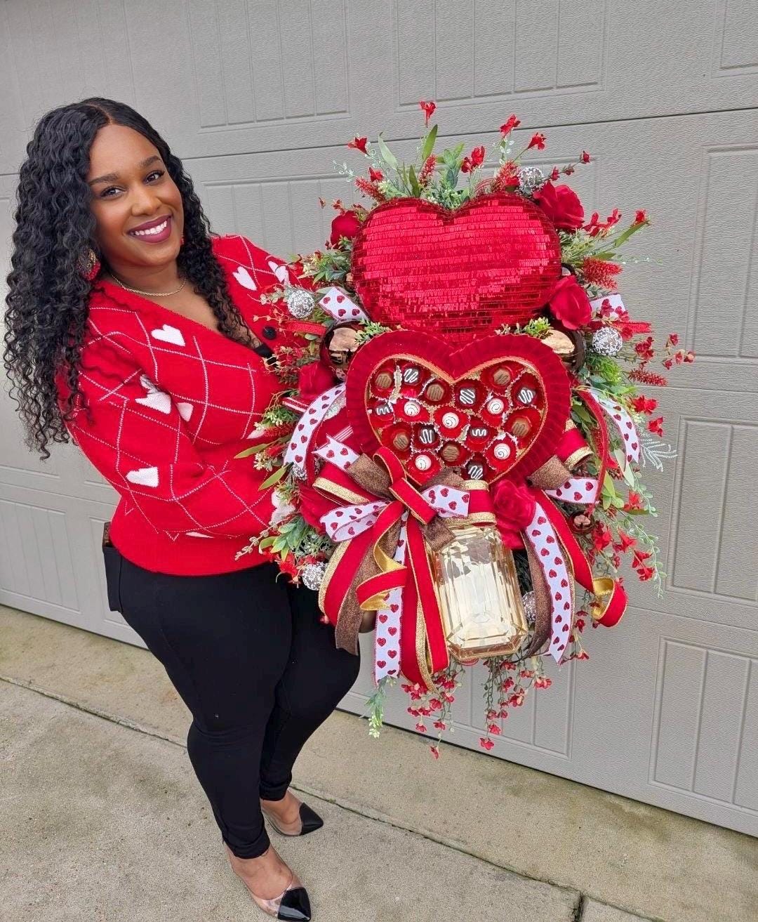 Heart & Box of Chocolate Valentine Door Swag | Red and Gold Glam ...