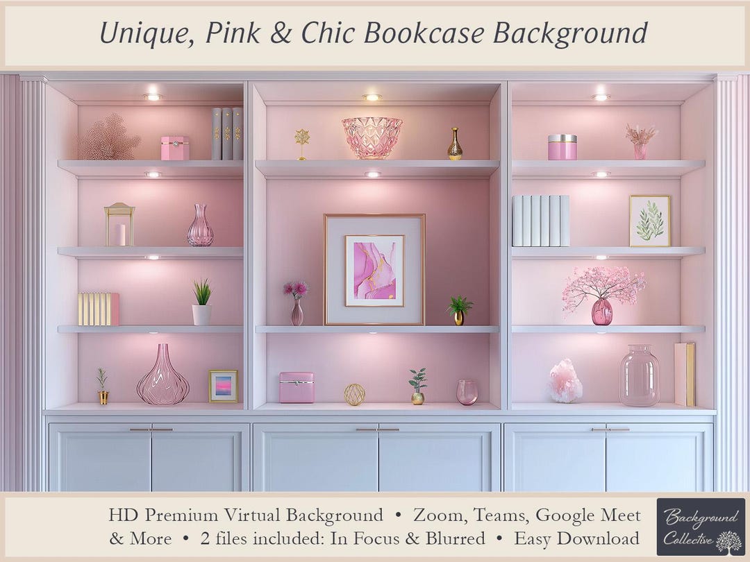 Pink Bookcase Zoom Background: Realistic Virtual Office (digital ...