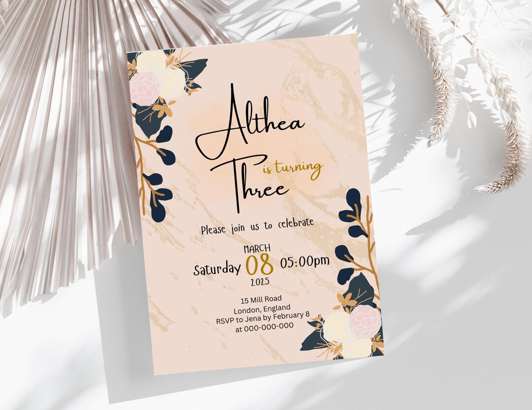 Editable Beige Marble Flower Invitation Template, Kids Adult Birthday ...