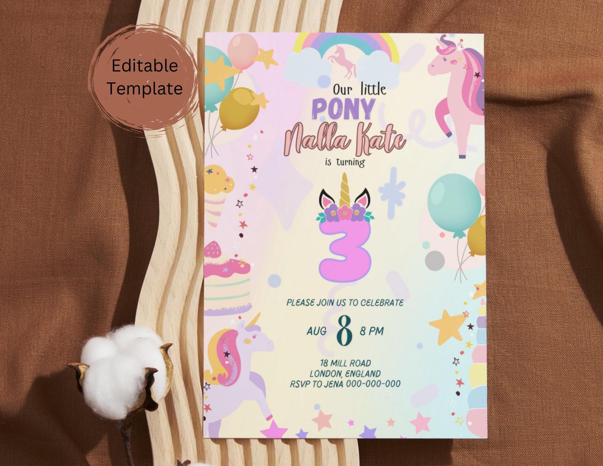 Editable Pony Invitation Template for Girls, Kids Birthday Party ...