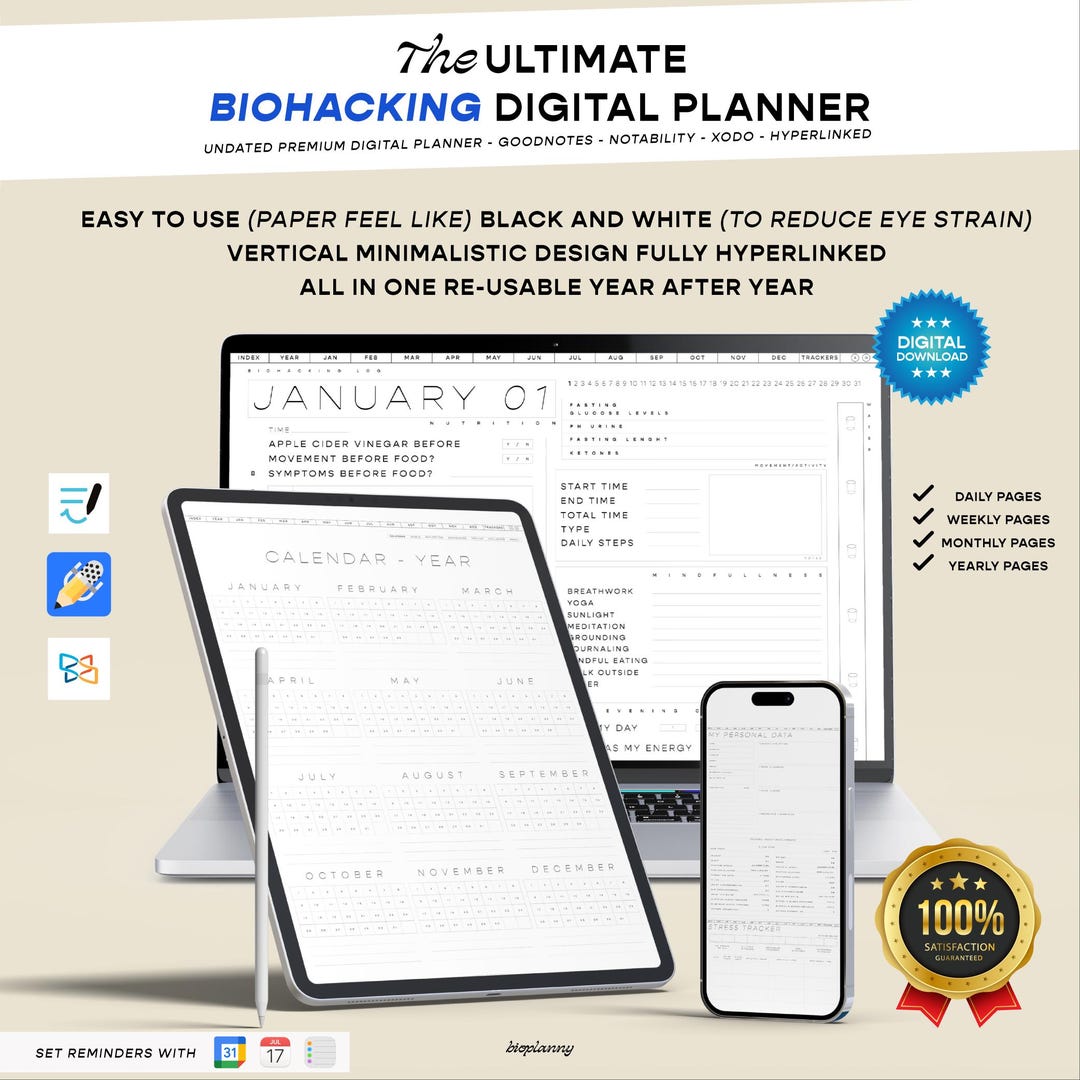 Undated 2025 Biohacking Digital Planner Hyperlinked iPhone iPad Android ...