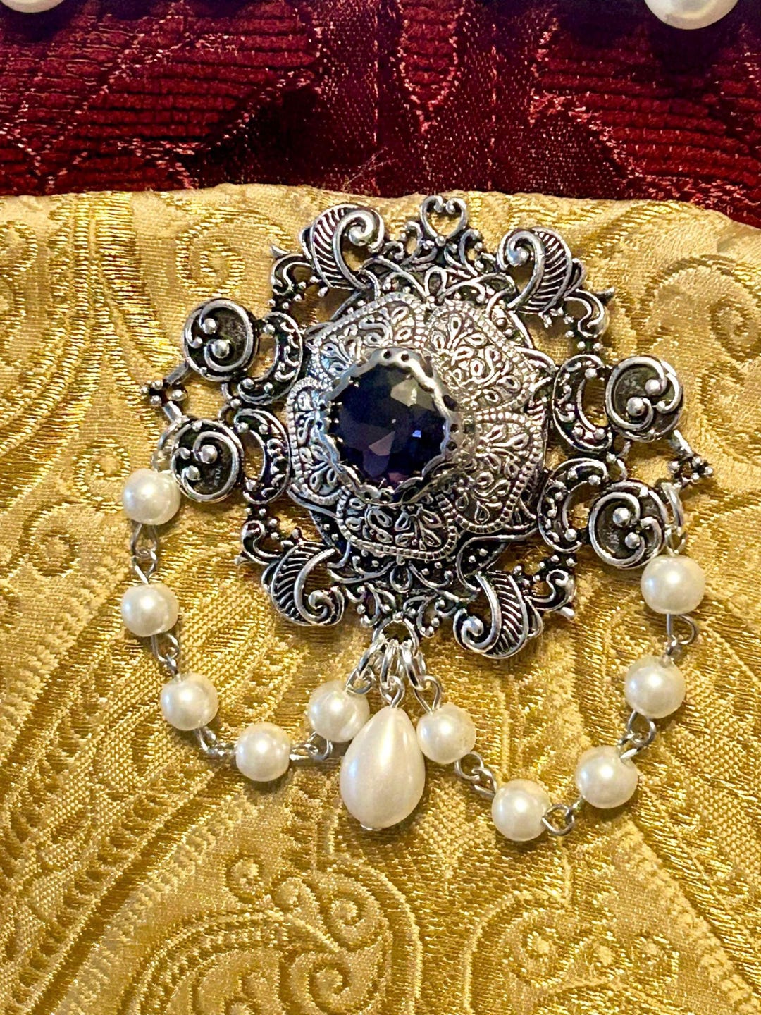 Amethyst Tudor Rose Brooch: Medieval Queen Silver Pearl Pin - Etsy