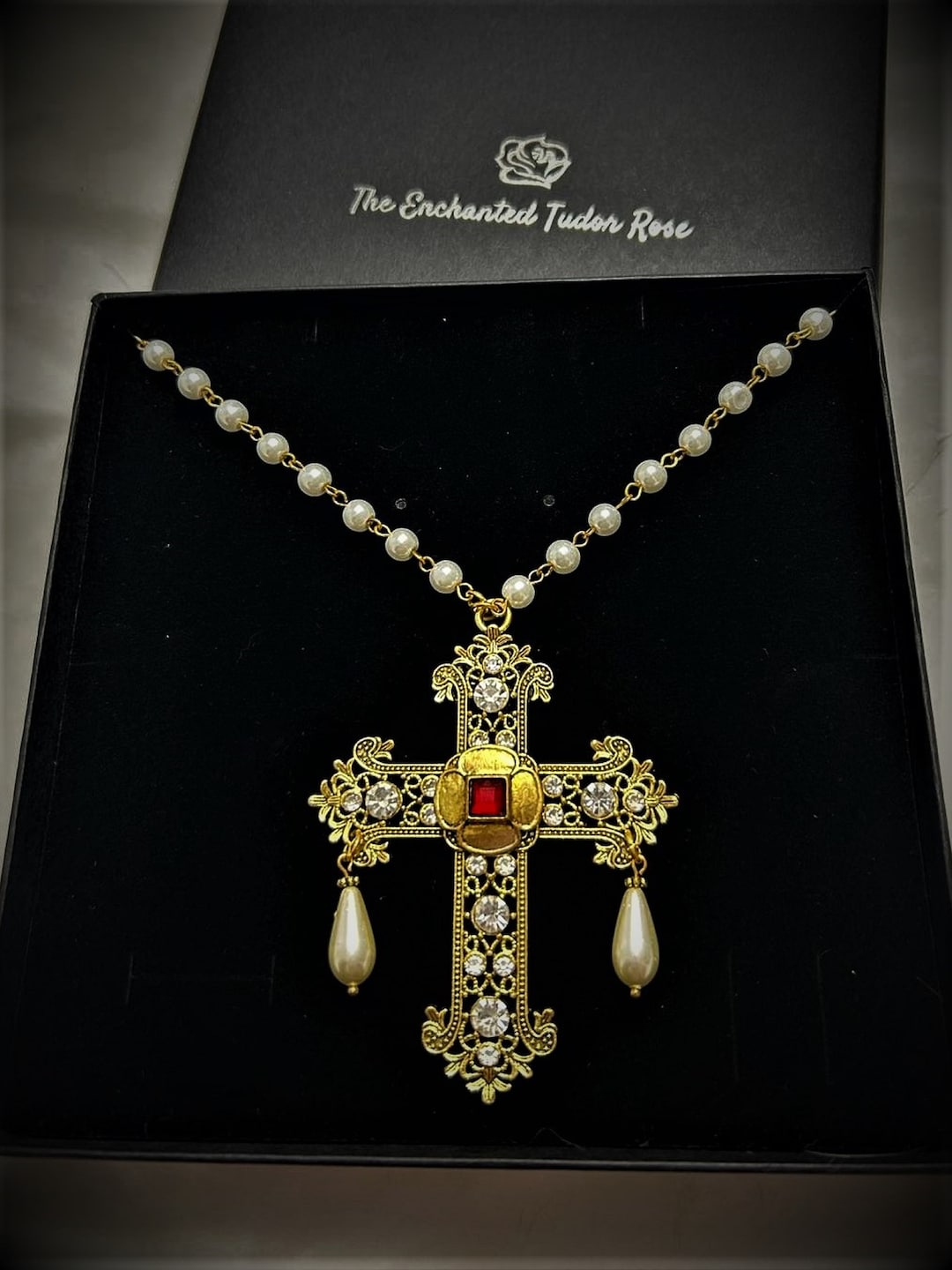 Tudor Cross Necklace: Filigree, Pearl & Crystal, Renaissance Style - Etsy