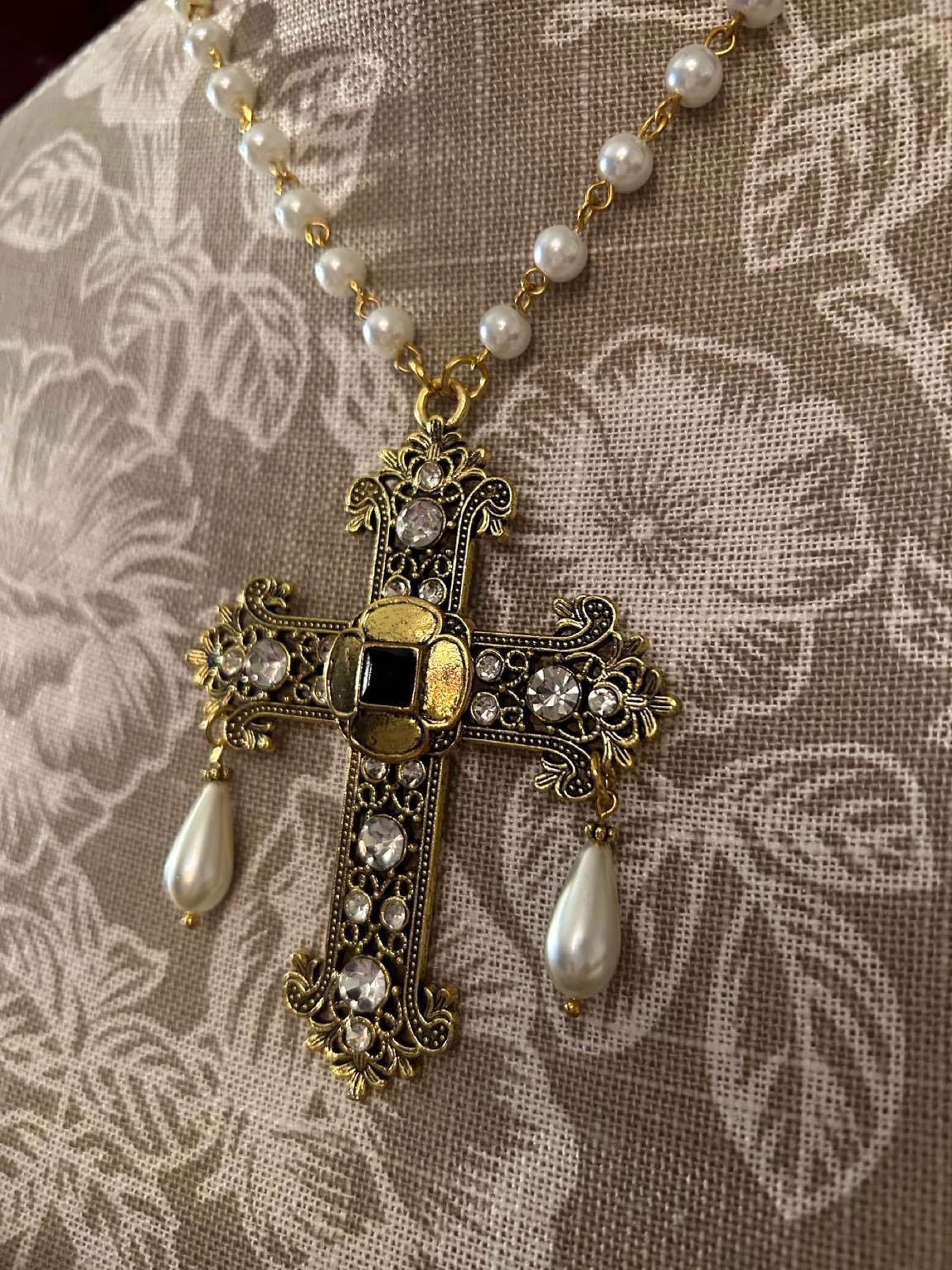 Tudor Cross Necklace: Filigree, Pearl & Crystal, Renaissance Style ...
