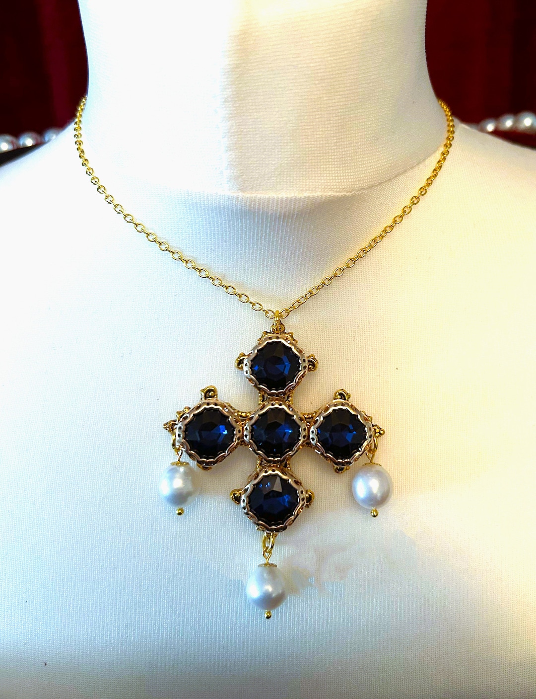Tudor Cross Necklace: Filigree, Royal Blue Crystal & Freshwater Pearls ...