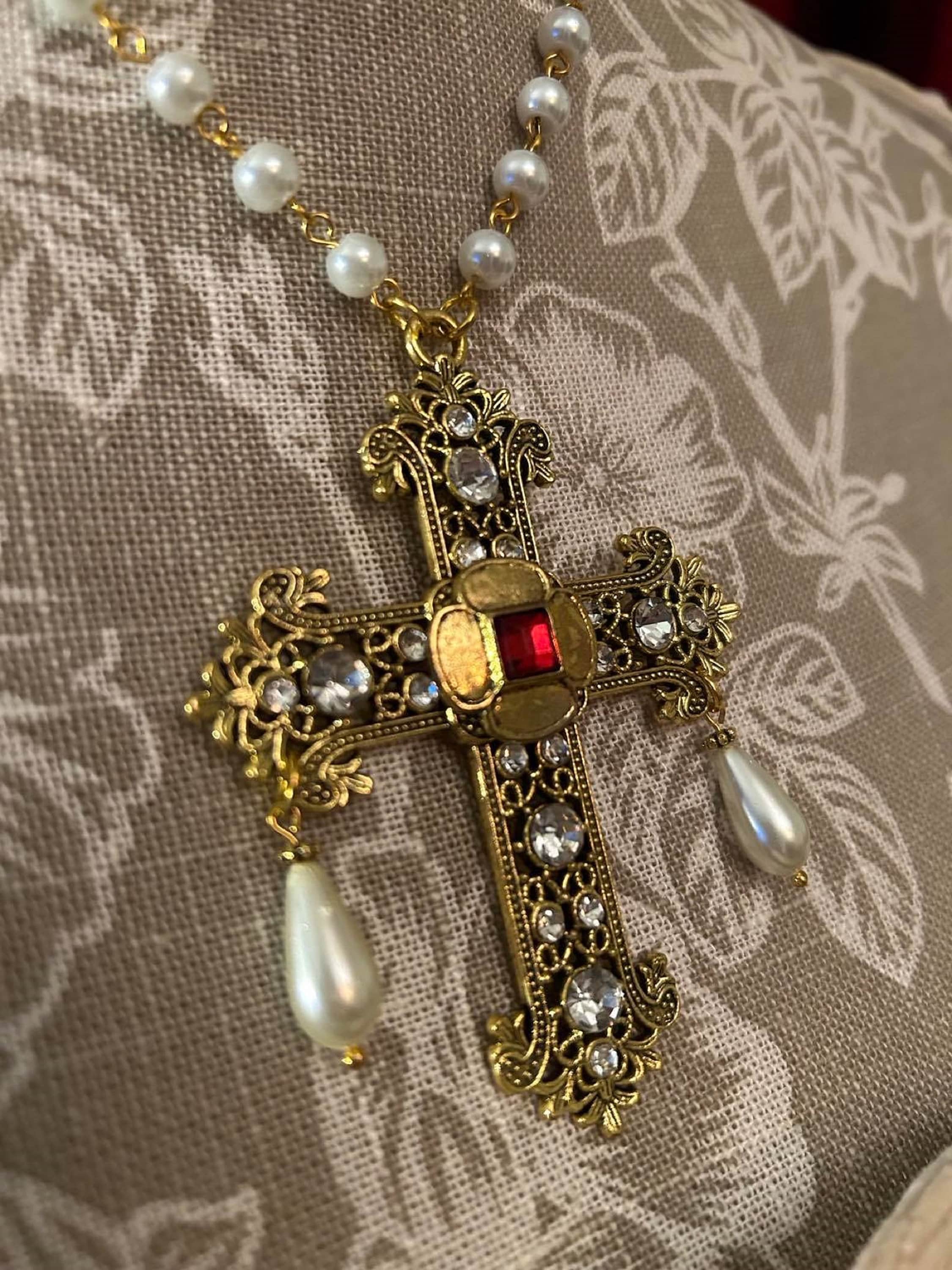Tudor Cross Necklace: Filigree, Pearl & Crystal, Renaissance Style ...