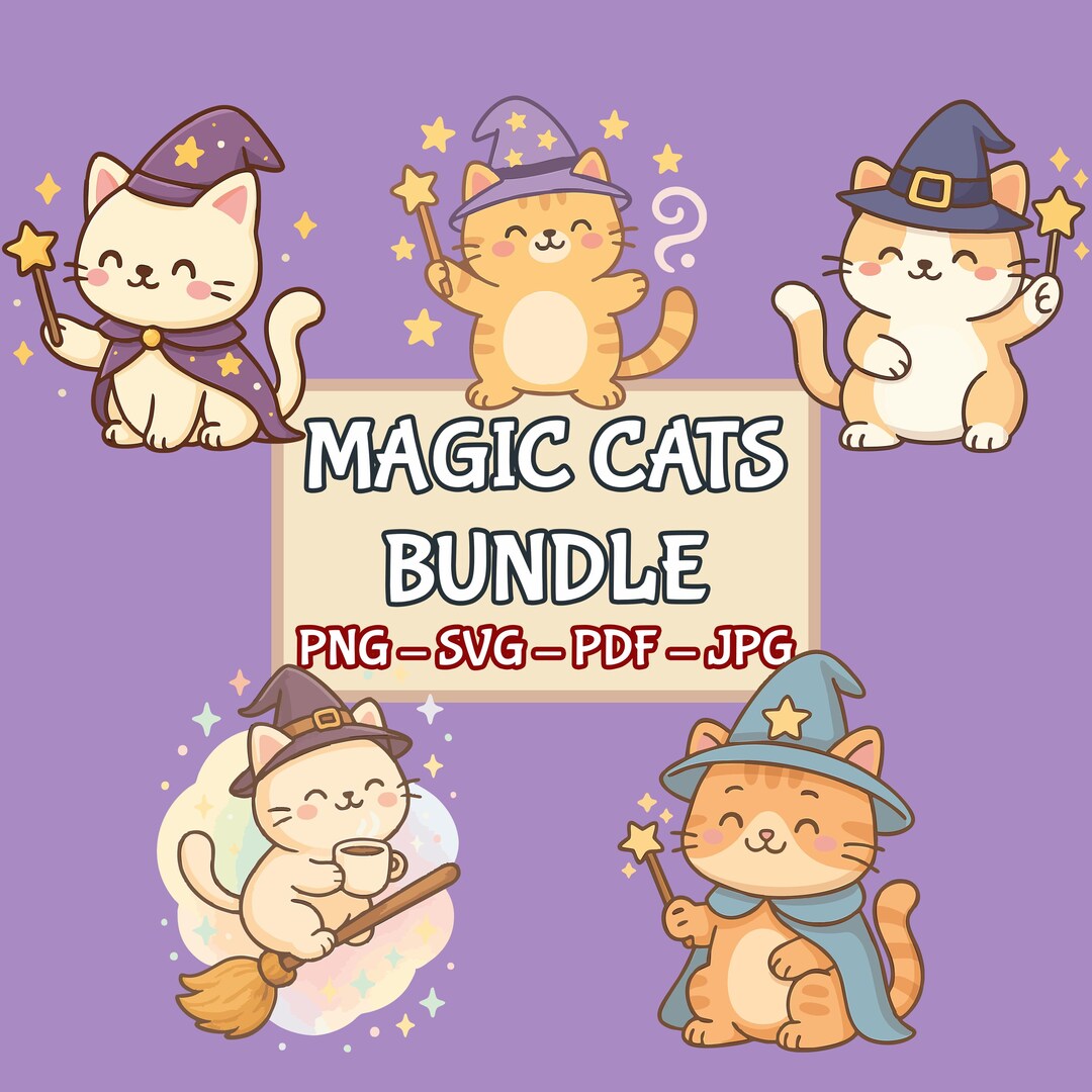Magic Wizard Cats Clipart Bundle - Cute Cat Png Svg Pdf Jpg - Witchy ...