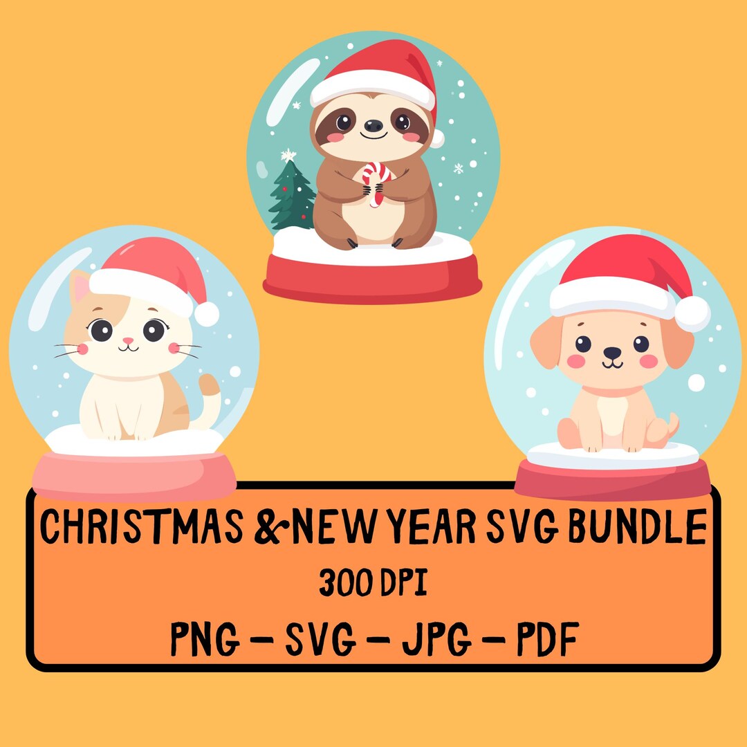 Christmas - New Year Snow Globe SVG Bundle | Sloth Cat Dog Clipart ...
