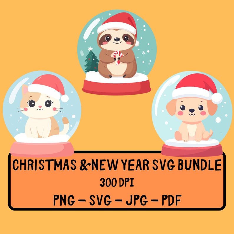 Christmas - New Year Snow Globe SVG Bundle | Sloth Cat Dog Clipart ...