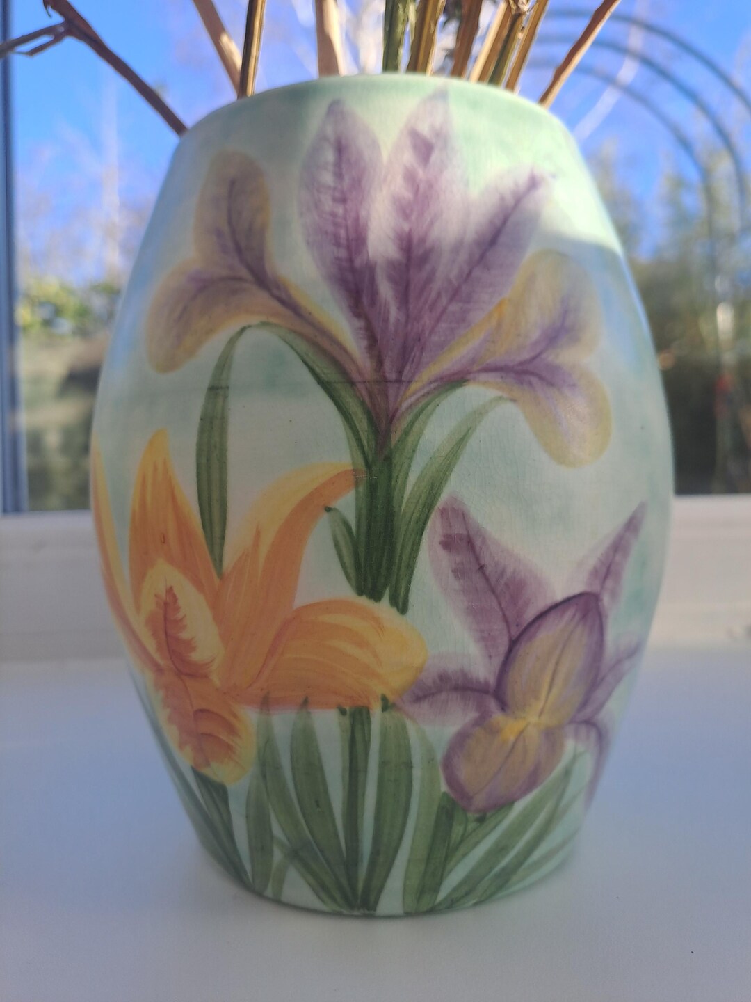 Rare E.radford Vase C1935 Beautiful Irises on Turquoise Green Ground ...