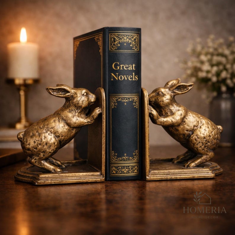 Rabbit Bookends – Vintage Bronze Bunny Sculpture Book Ends, Classic ...