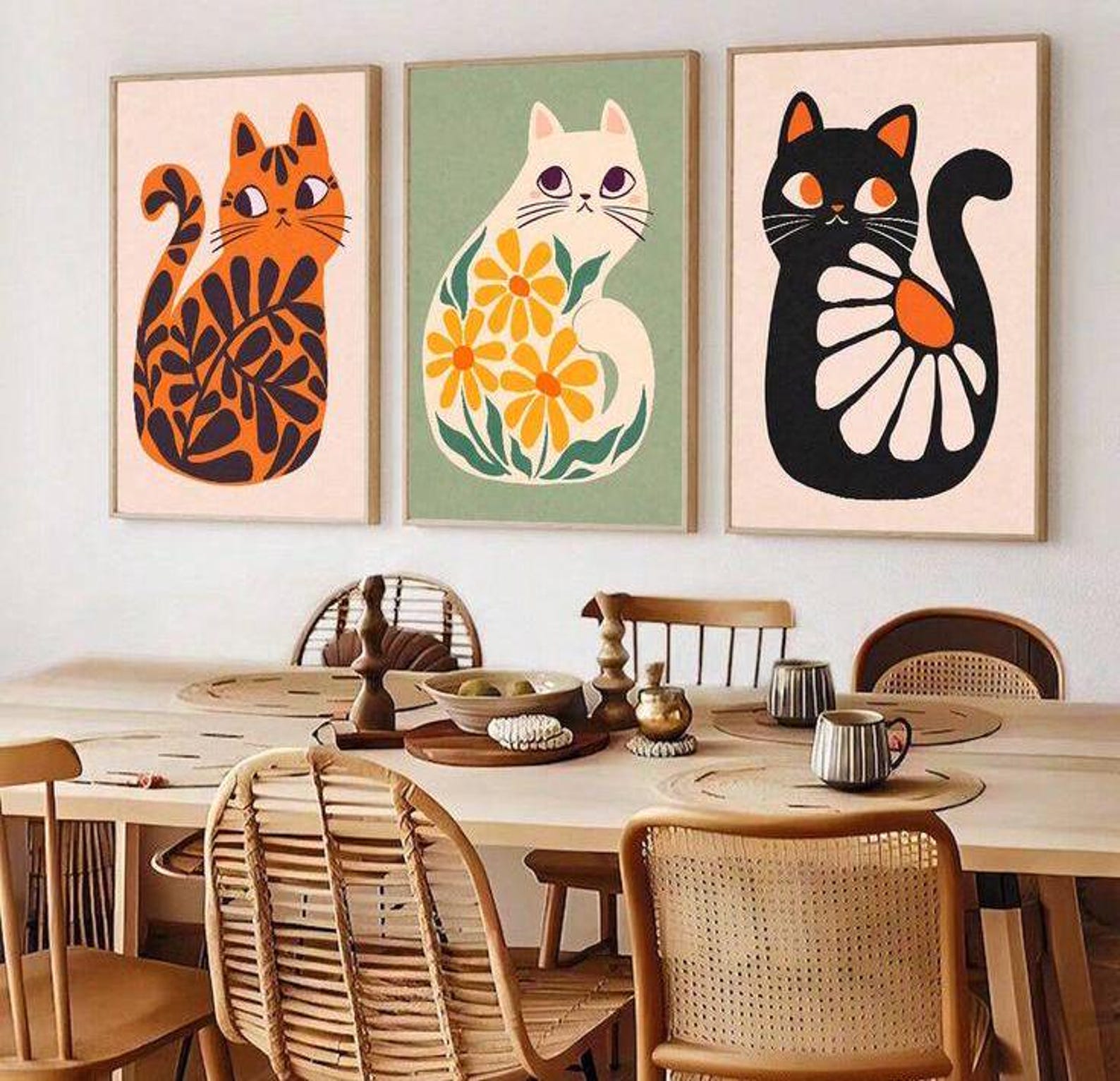 Bohemian Cat Art Prints: Set of 3, Living Room Decor (digital Download ...