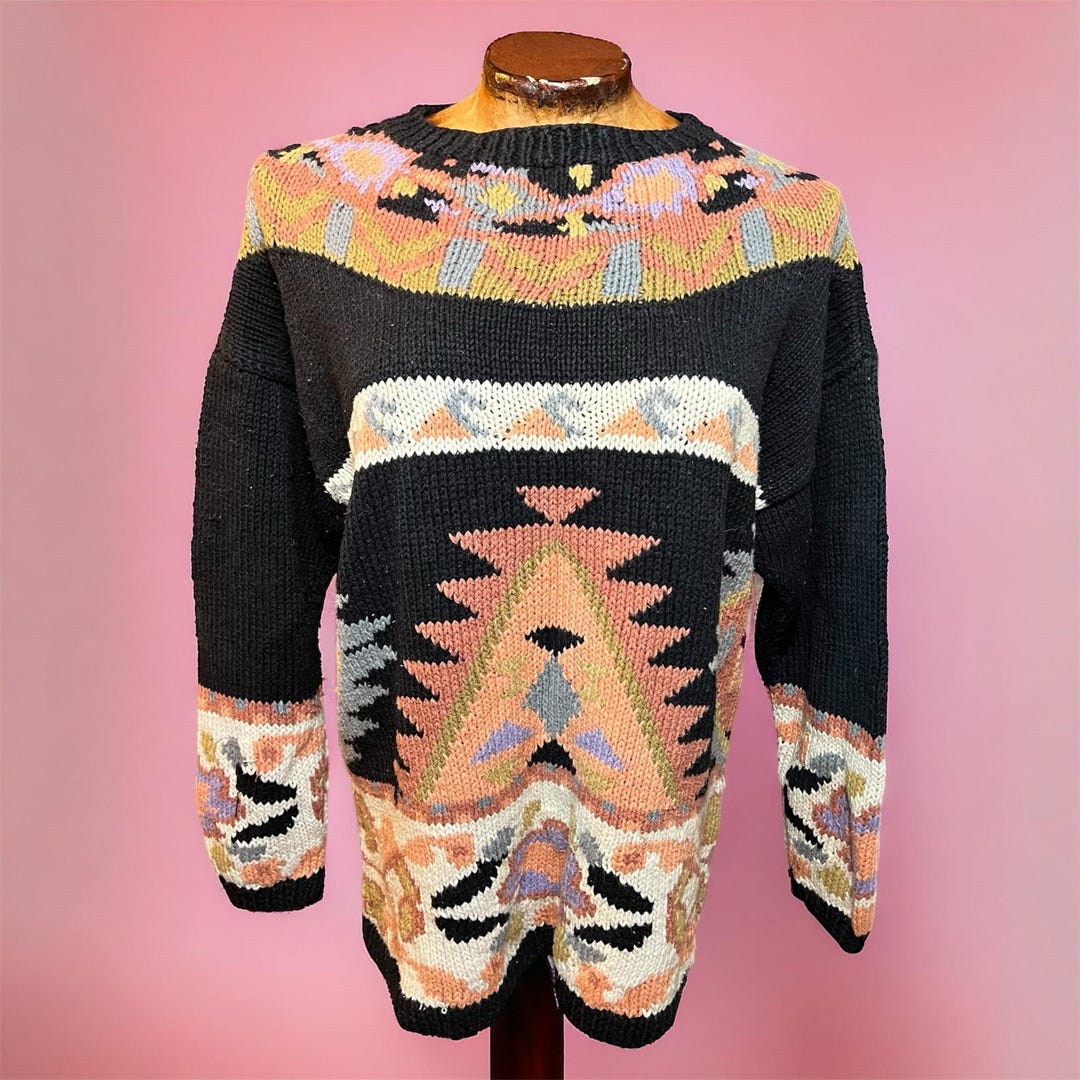 VINTAGE 90s Aztec Knit Sweater Size Medium Southwestern Pullover ...