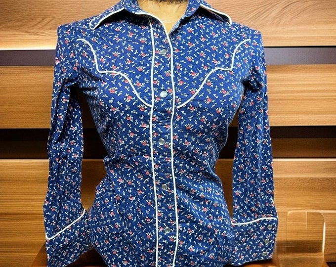 VINTAGE 70s Western Pearl Snap Womens Size 0 Blue Floral Cowgirl Hippie ...