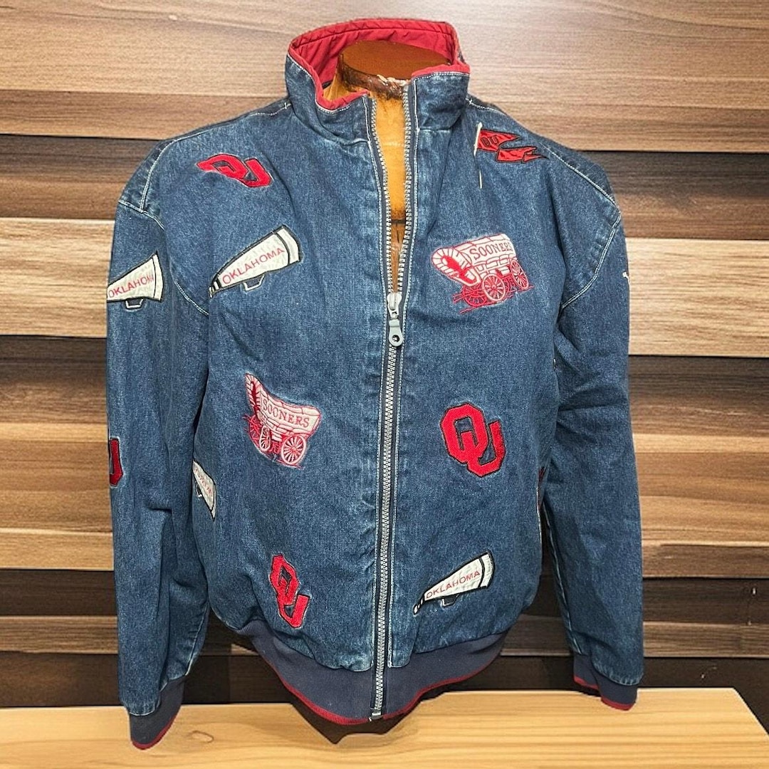 VINTAGE 90s Upcycled Oklahoma University Denim Jacket Size M Retro ...