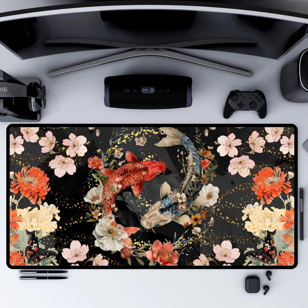 Koi Fish Floral Desk Mat Japanese Zen Mousepad Elegant Floral Desk ...