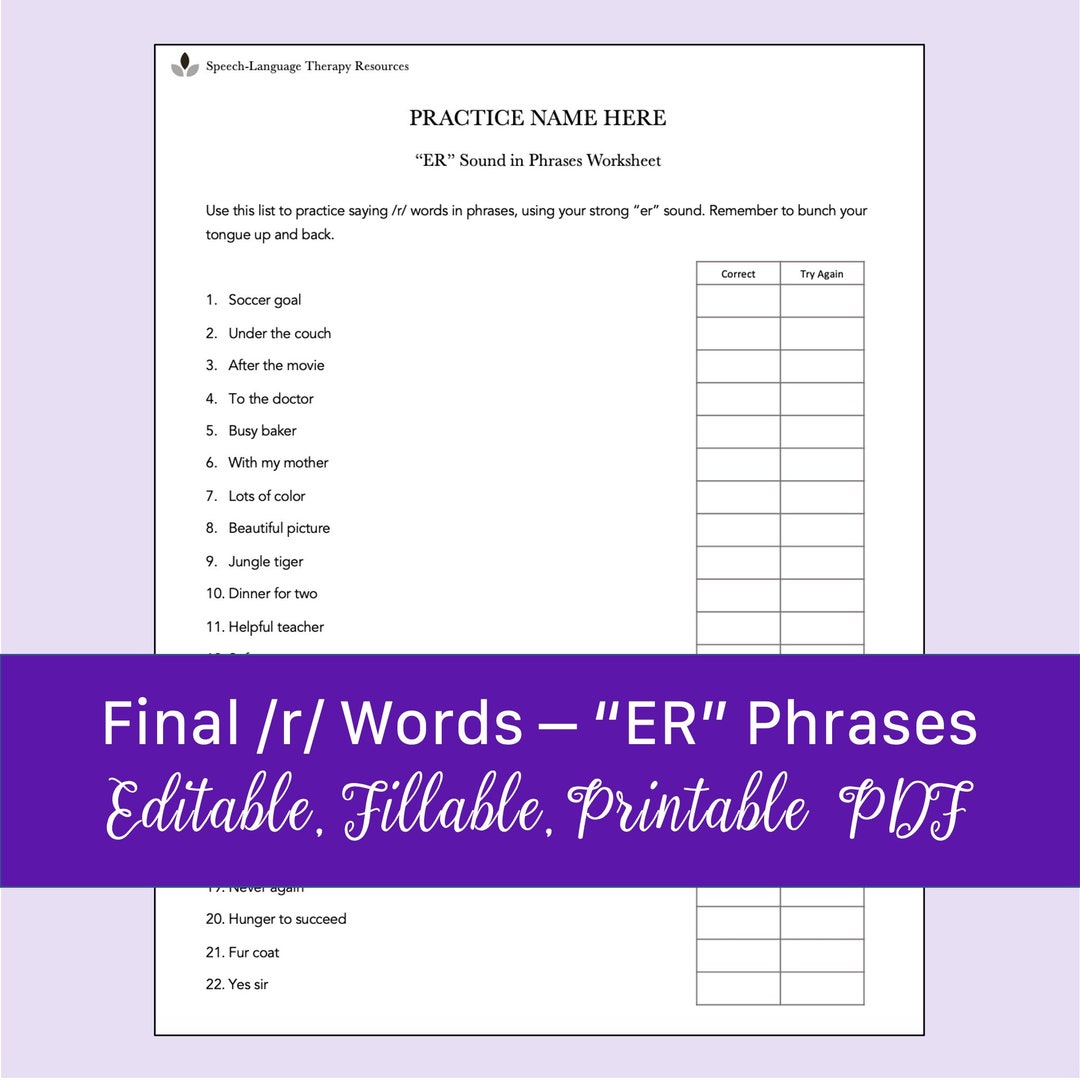 Final /r/ Words - "er" Sound in Phrases Worksheet for Speech Therapy ...