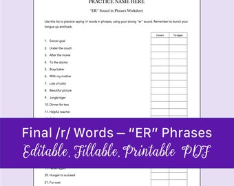 Final R Words OR Worksheet for Speech Therapy (editable, Fillable ...