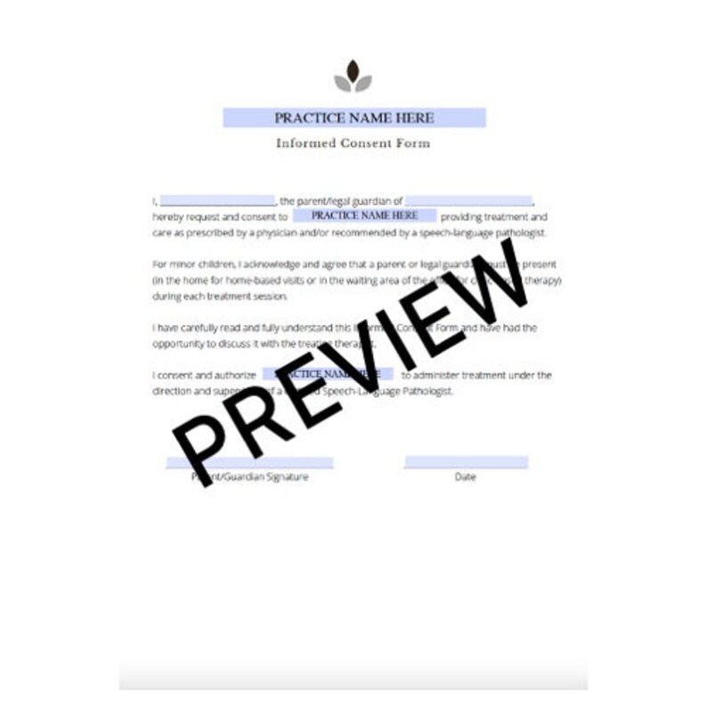 Informed Consent Form for Speech Therapy Editable Fillable - Etsy