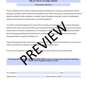 Consent for Services Form for Speech Therapy | Editable, Fillable ...