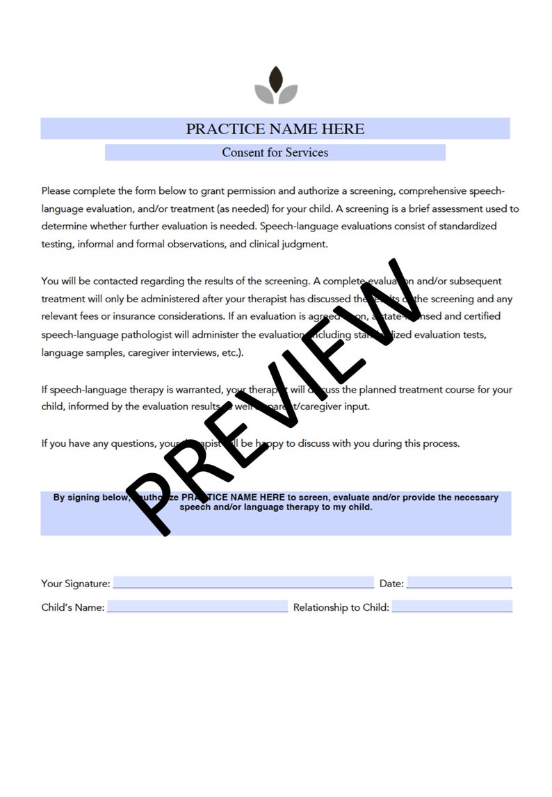 Consent for Services Form for Speech Therapy | Editable, Fillable ...