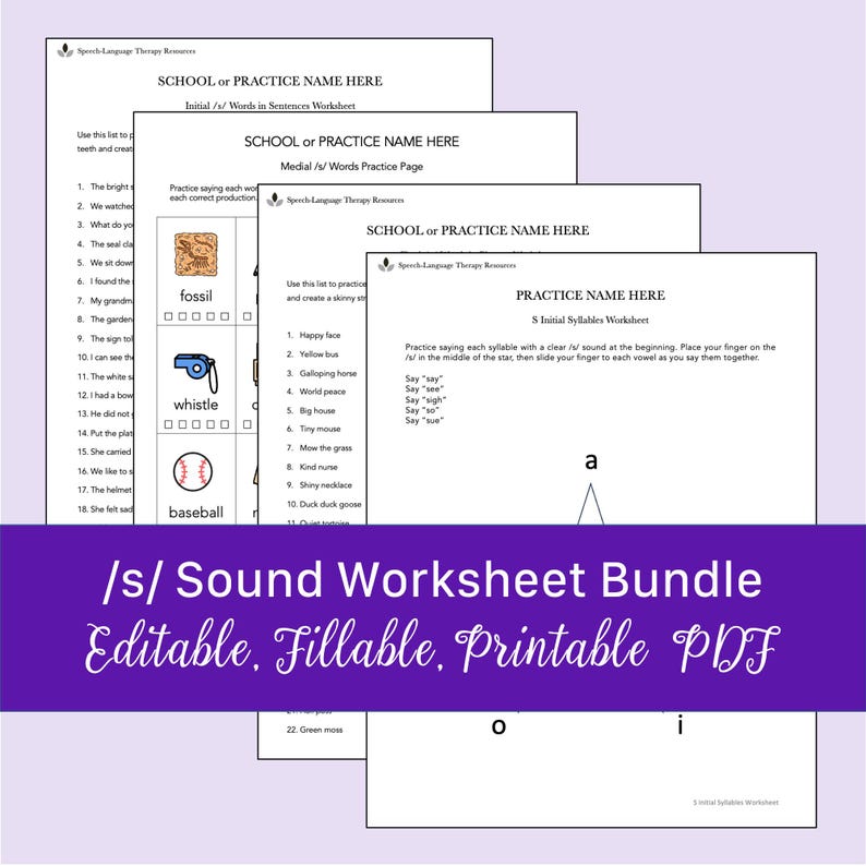 S Sounds Worksheet Bundle for Speech Therapy | Fillable, Printable Pdfs ...