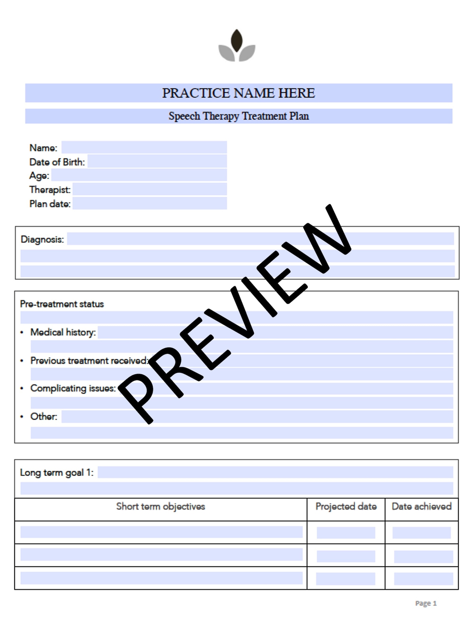 Speech Therapy Treatment Plan Template | Editable, Fillable, Printable PDF - Etsy