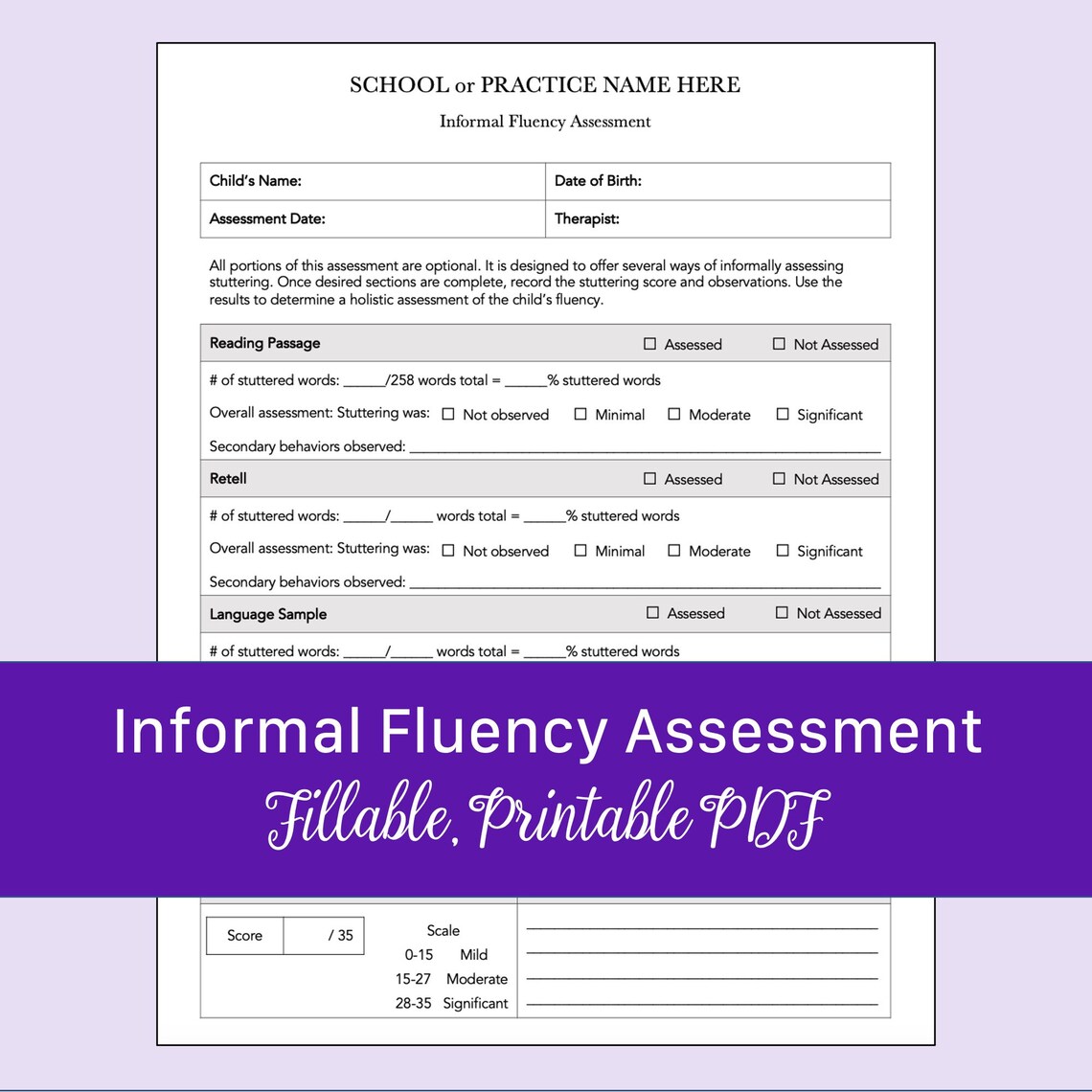 Informal Fluency Assessment for Speech Therapy | Editable, Fillable ...