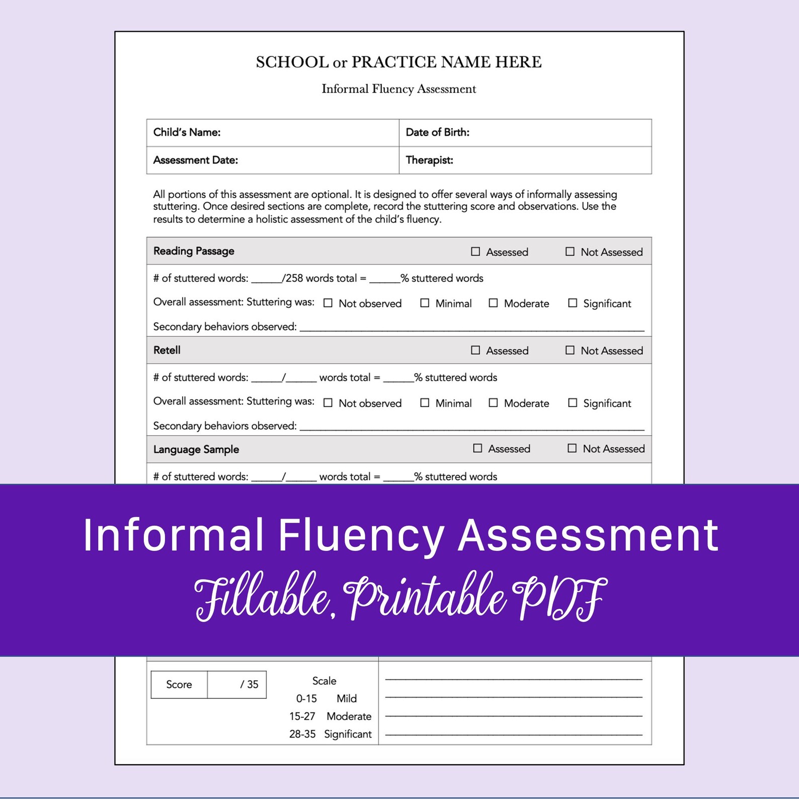 Informal Fluency Assessment for Speech Therapy | Editable, Fillable ...